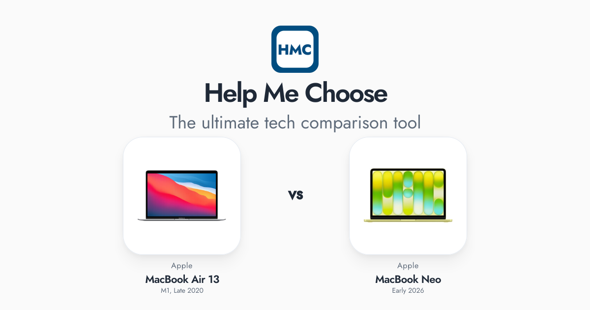 MacBook Neo (Early 2026) vs MacBook Air 13 (M1, Late 2020) Full Specs - HMC