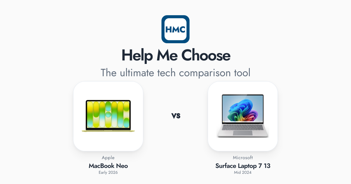 MacBook Neo (Early 2026) vs Surface Laptop 7 13 (Mid 2024) Full Specs - HMC